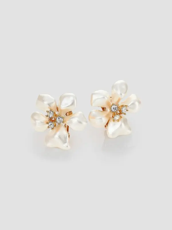 KENNETH JAY LANE Faux Pearl & Crystal Flower Clip-on Earrings - Ivory