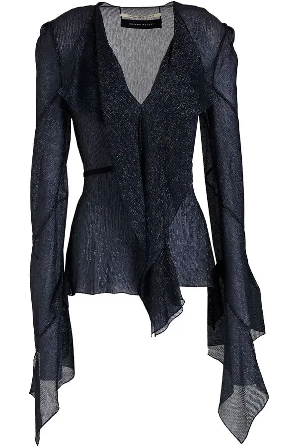 Roland Mouret Alcazar Belted Striped Silkblend Chiffon Blouse - Midnight Blue