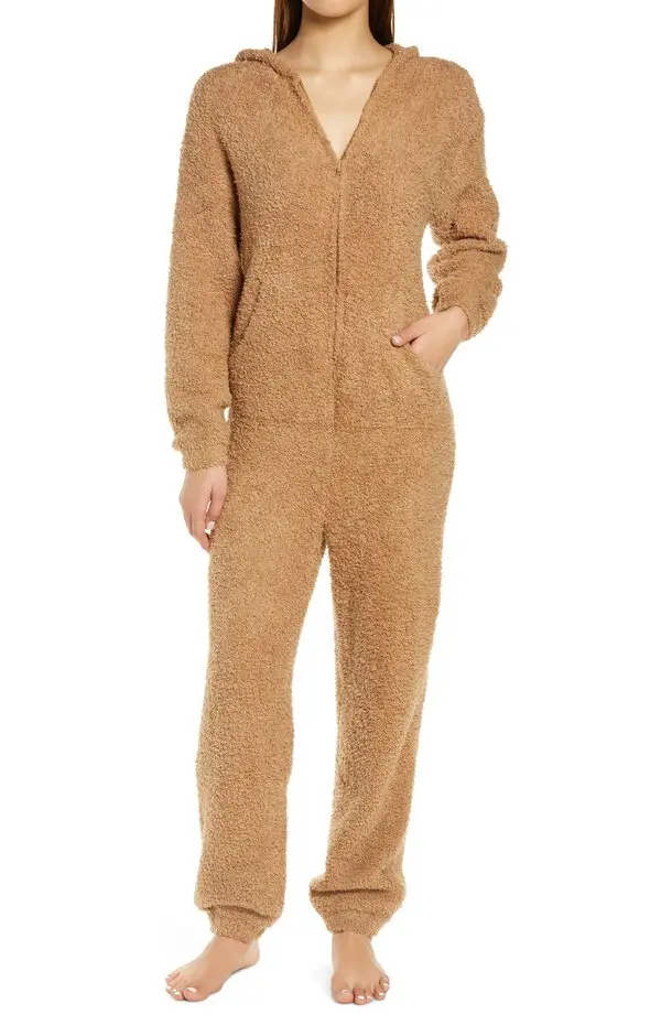 Skims Cozy Knit Hooded Lounge Jumpsuit Camel Editorialist