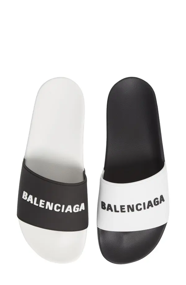 Balenciaga Logo Mismatched Slide Sandal In Black/White  display picture 3