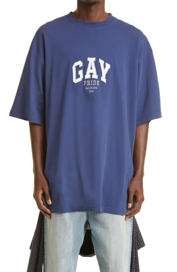 Balenciaga Gay Pride 2021 Graphic Tee In Navy/White/Grey - Navy