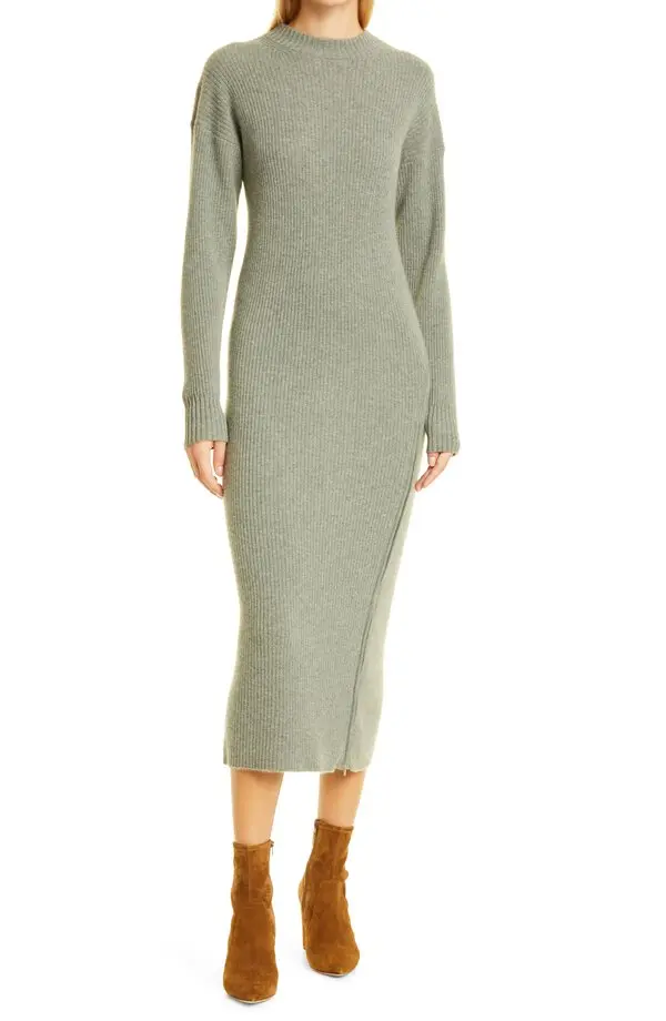 Naadam Side Zip Long Sleeve Wool & Cashmere Sweater Dress - Sage |  Editorialist