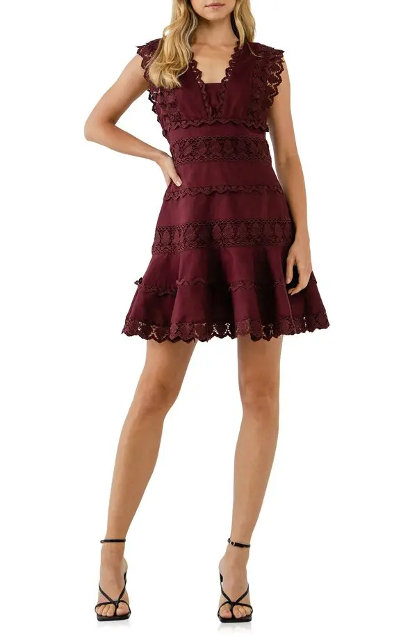 Endless Rose Plunge Neck Tiered Lace Linen & Cotton Dress - Burgundy |  Editorialist