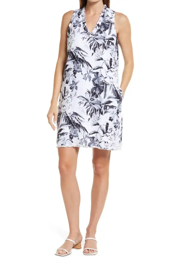 Tommy Bahama Orchid Grove Floral Ruffle Linen Shift Dress - White |  Editorialist