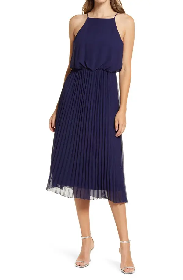 sam edelman pleated midi dress Sam Edelman Chiffon V-Neck Long Sleeve Pleated A-Line Midi Dress, Womens, 14, Navy