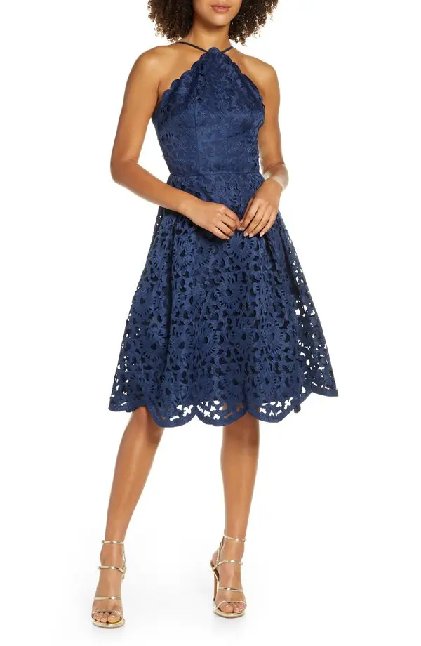 Chi Chi London Claudetta Fit & Flare Lace Dress - Navy | Editorialist