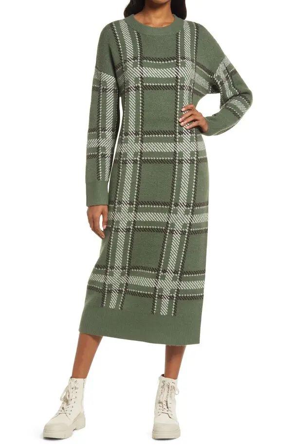 Treasure & Bond Plaid Long Sleeve Sweater Dress - Green- Ivory Combo |  Editorialist