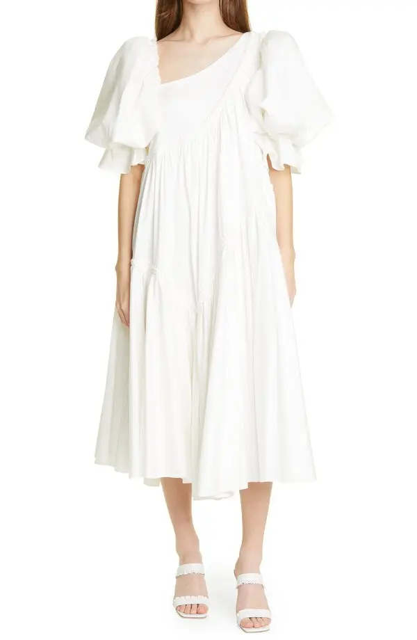 Aje Casabianca Braided Asymmetric Puff Sleeve Midi Dress - Ivory |  Editorialist