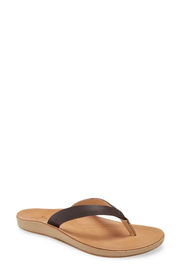 Olukai Nonohe Leather Flip Flop In Dk Java/golden Sand Leather