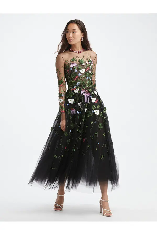 Oscar De La Renta Floral Threadwork Cocktail Dress In Black 50