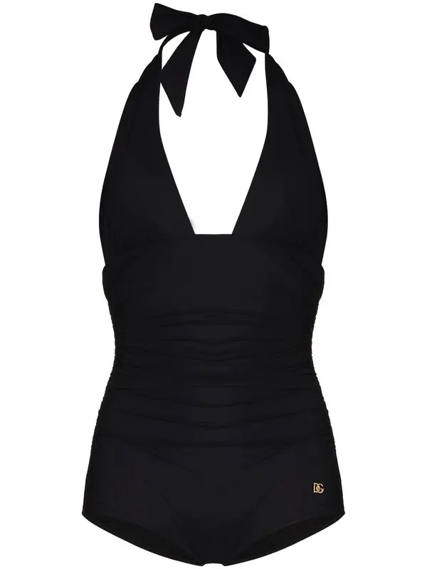Dolce & Gabbana Logo Plaque Halterneck Swimsuit - Black
