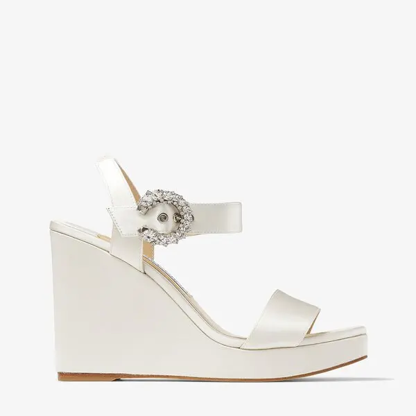 JIMMY CHOO Mirabelle 110 Ivory Satin Wedges With Crystal Buckle Multicolor
