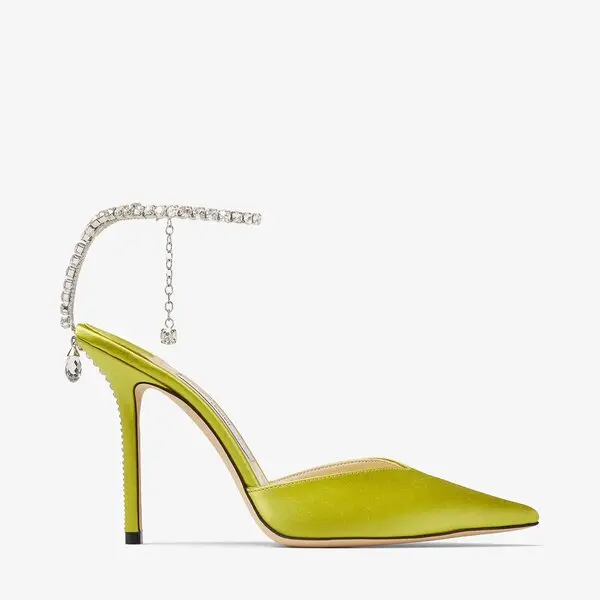 JIMMY CHOO Saeda 100 Lime Satin Pumps With Crystal Embellishment