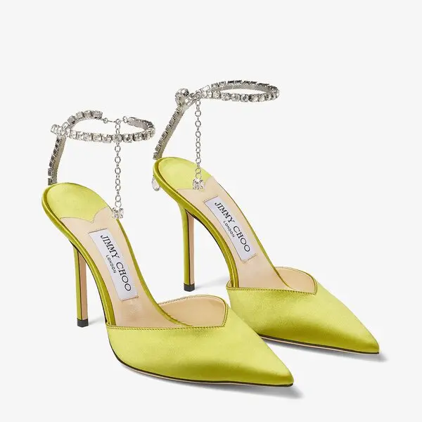 JIMMY CHOO Saeda 100 Lime Satin Pumps With Crystal Embellishment