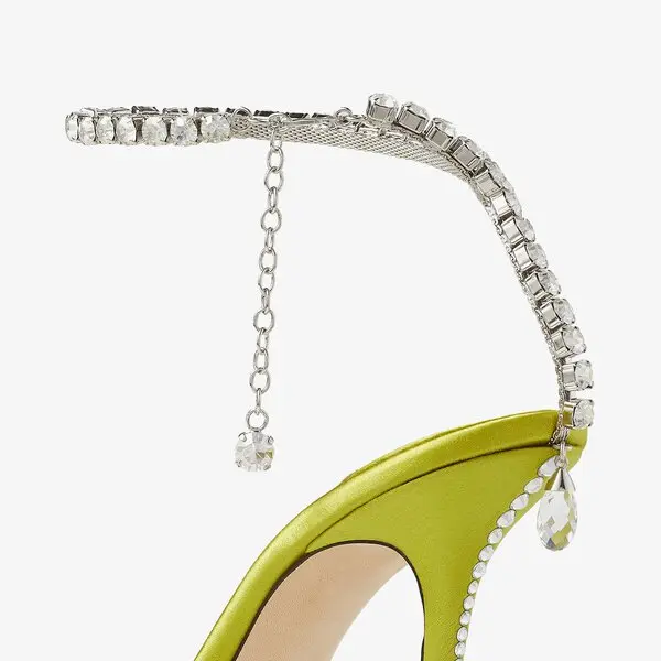 JIMMY CHOO Saeda 100 Lime Satin Pumps With Crystal Embellishment