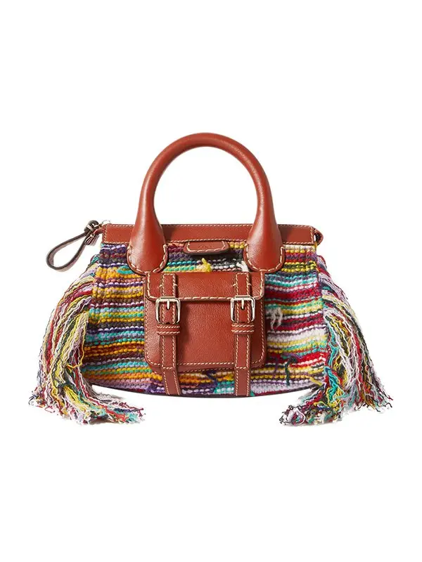 Chloé Edith Mini Leather-trimmed Fringed Striped Recycled Cashmere And Wool-blend Tote