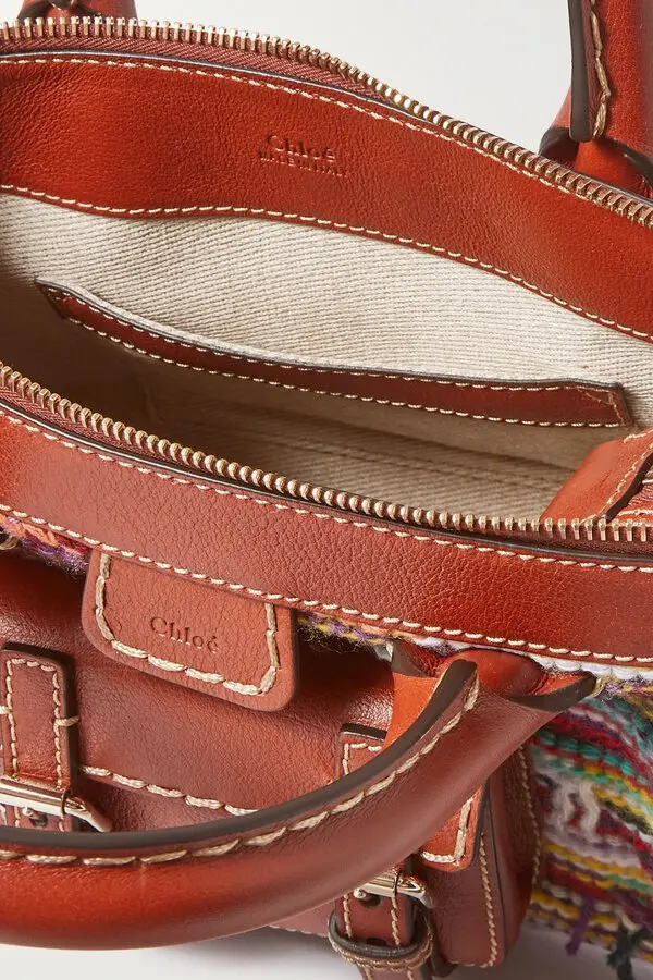 Chloé Edith Mini Leather-trimmed Fringed Striped Recycled Cashmere And Wool-blend Tote