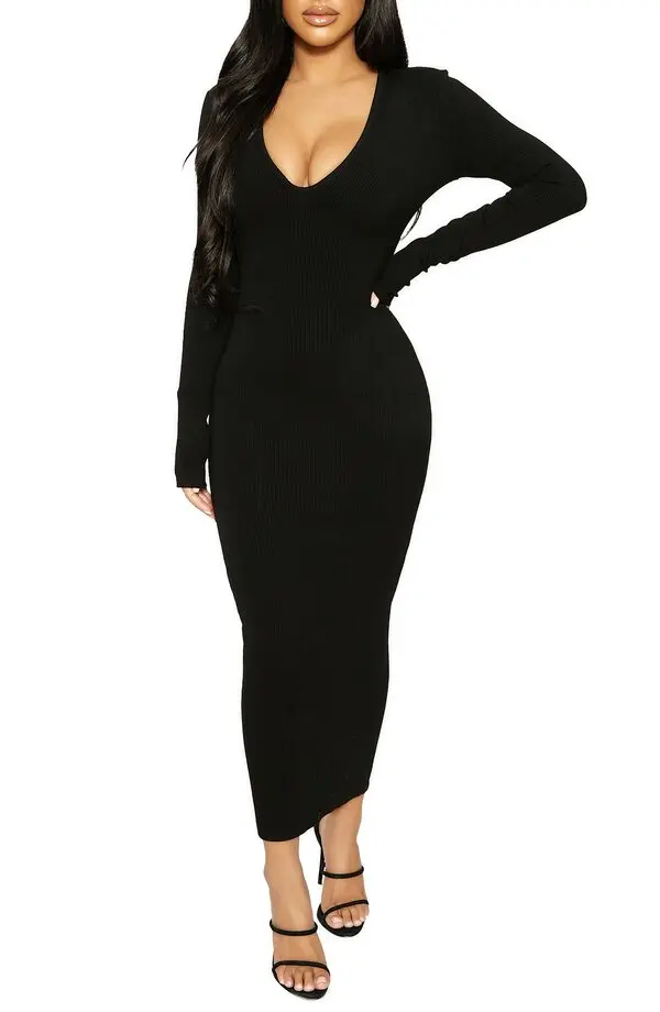 Naked Wardrobe Snatched V-Neck Long Sleeve Midi Dress - Black | Editorialist