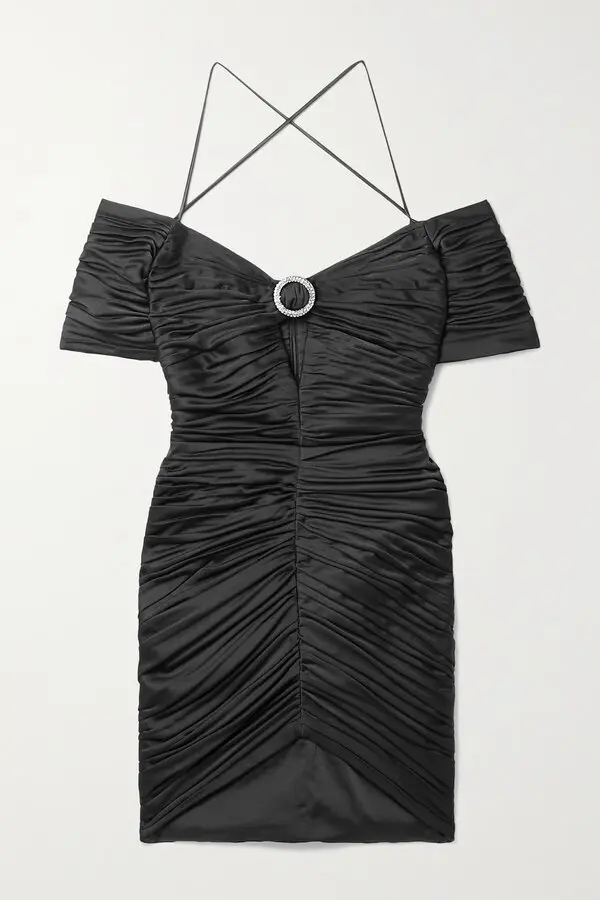RASARIO Embellished Ruched Satin Mini Dress