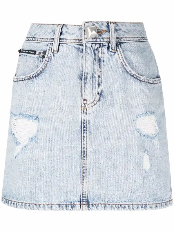 Philipp Plein Stud-detailed Distressed Mini Denim Skirt