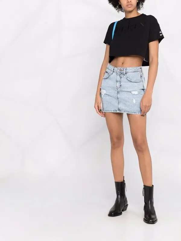 Philipp Plein Stud-detailed Distressed Mini Denim Skirt