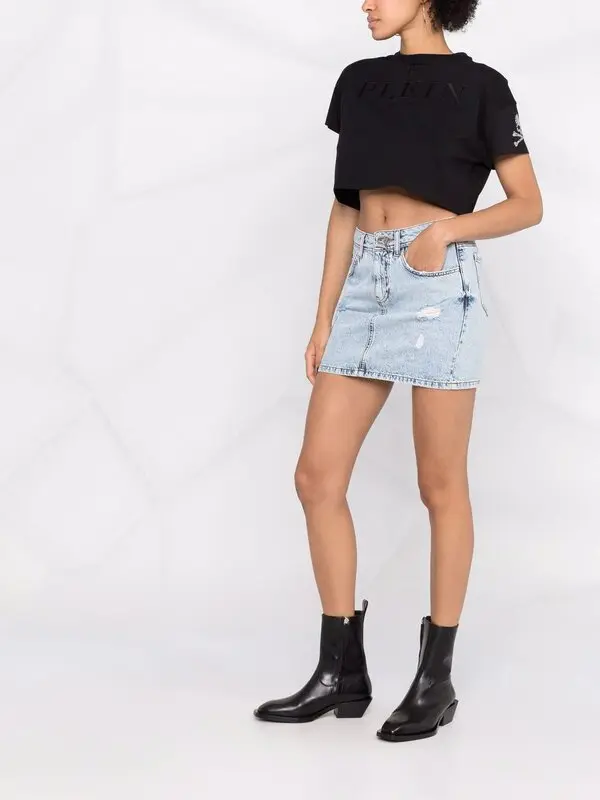 Philipp Plein Stud-detailed Distressed Mini Denim Skirt