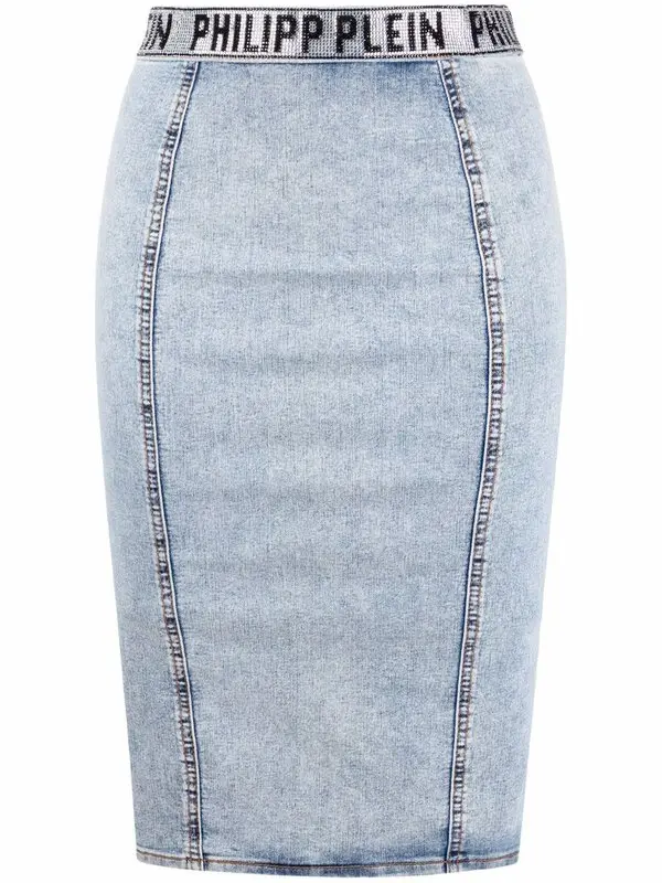 Philipp Plein Stones Denim Pencil Skirt