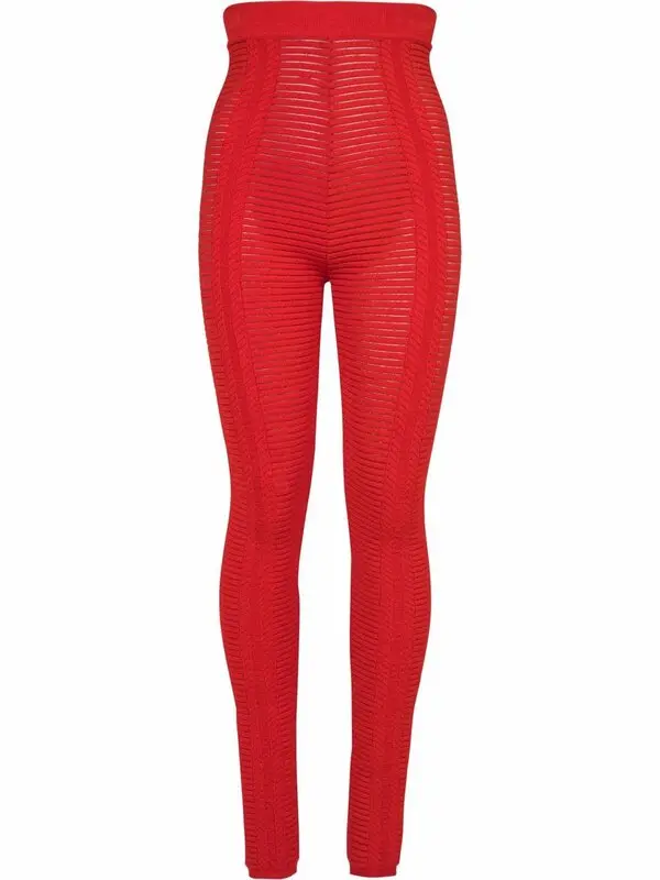 Balmain High-waisted Sheer Knitted Leggings - Red