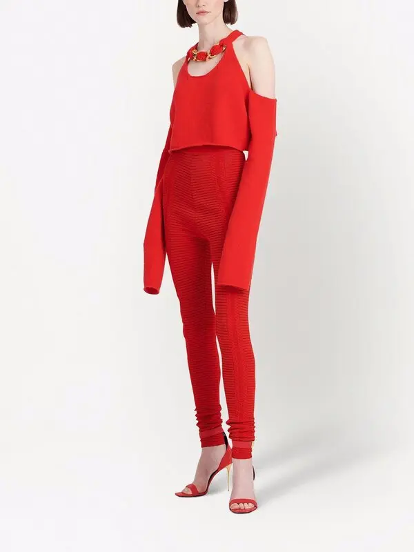 Balmain High-waisted Sheer Knitted Leggings - Red