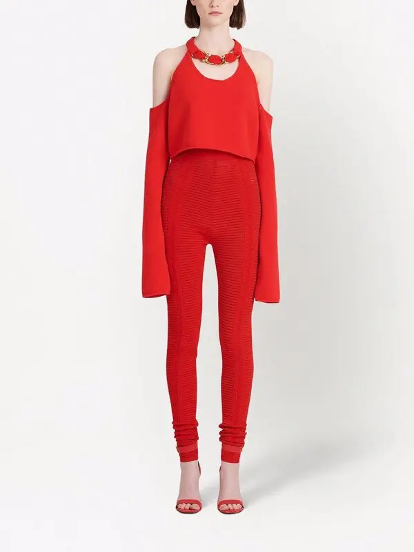 Balmain High-waisted Sheer Knitted Leggings - Red