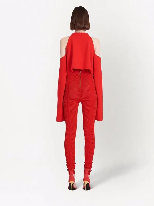 Balmain High-waisted Sheer Knitted Leggings - Red