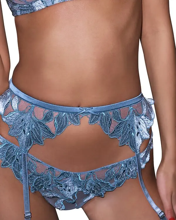 Fleur Du Mal Velvet Lily Embroidered Garter Belt - Icy Teal