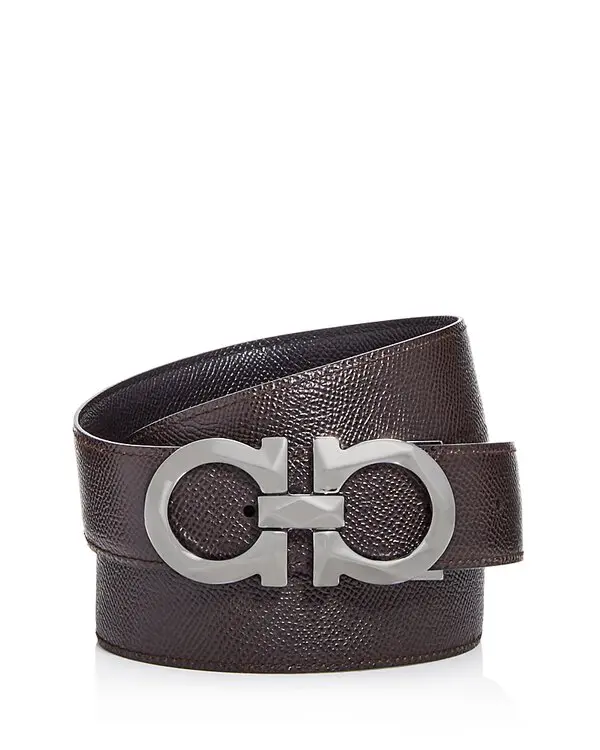 FERRAGAMO Double Gancini Reversible Pebbled Leather Belt - Black/brown