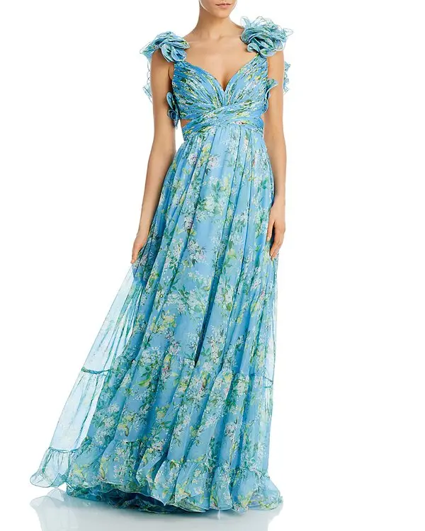 Mac Duggal Floral Cut-out Chiffon Gown - Blue Multi