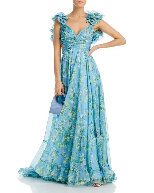 Mac Duggal Floral Cut-out Chiffon Gown - Blue Multi