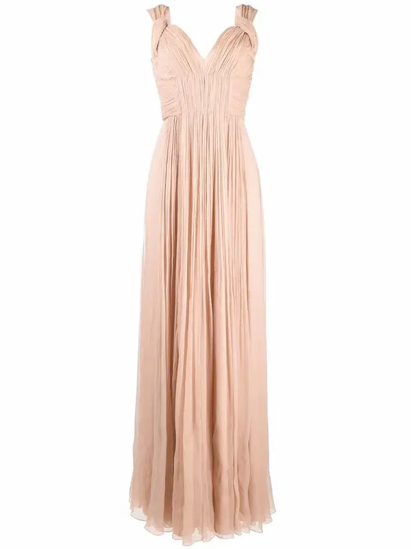 Alberta Ferretti Sleeveless Gathered V-neck Evening Dress