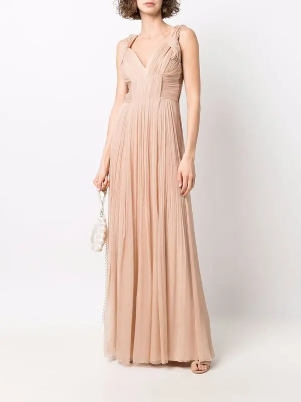 Alberta Ferretti Sleeveless Gathered V-neck Evening Dress