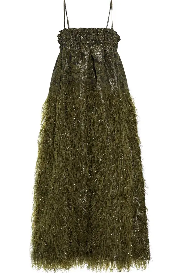 ganni feathery cotton dress Faux Feather-Embellished Gathered Metallic Brocade Maxi In Army Green - 50% Off Waterfixengineering Size:AU 14 Model Nat Printed Halter-Neck Mini Dress creating a sophisticated silhouette