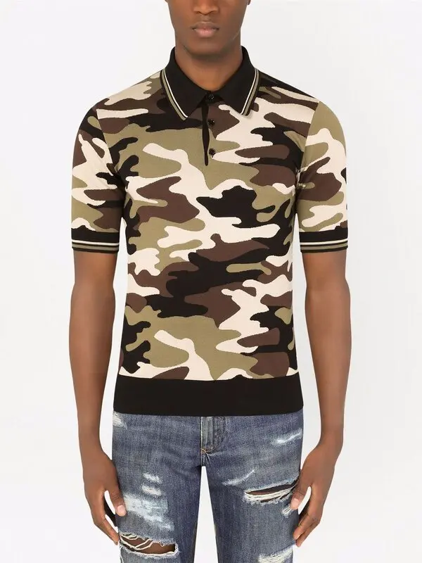トップス 00s dolce&gabbana camo pattern polo Dolce & Gabbana Camouflage-Pattern Silk Polo Shirt In Green - 55