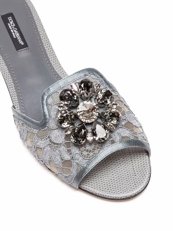 Dolce & Gabbana Bianca Crystal-embellished Lace Slides - Grey
