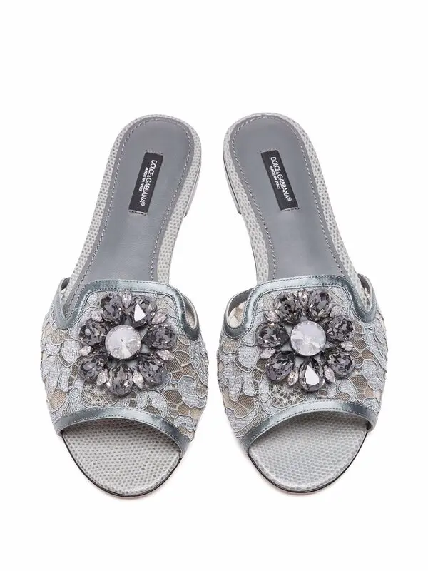 Dolce & Gabbana Bianca Crystal-embellished Lace Slides - Grey