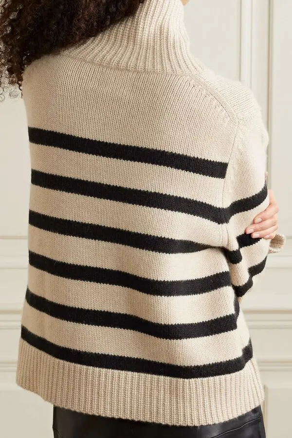 Khaite Marion Striped Cashmere Turtleneck Sweater Ecru