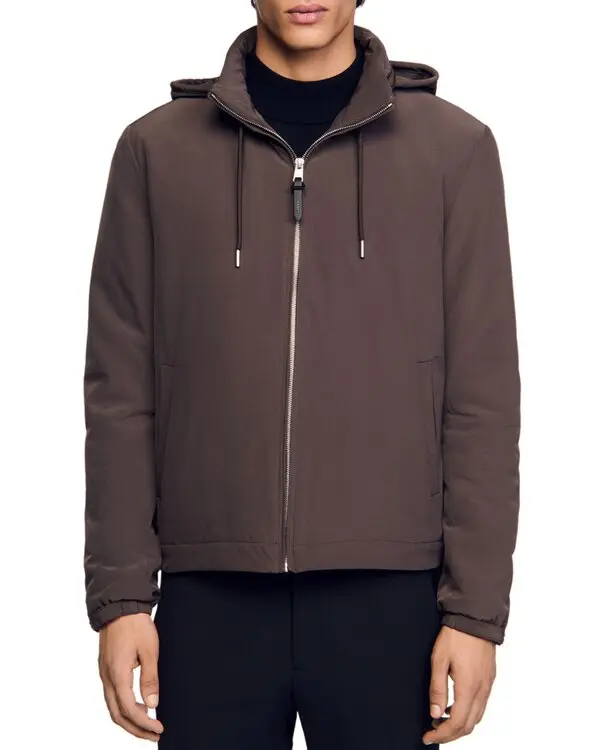 Sandro Hooded Zip-front Tech Jacket - Chocolate