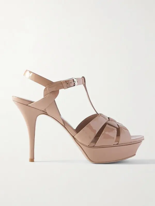 Saint Laurent Tribute Woven Patent-leather Platform Sandals - Neutrals