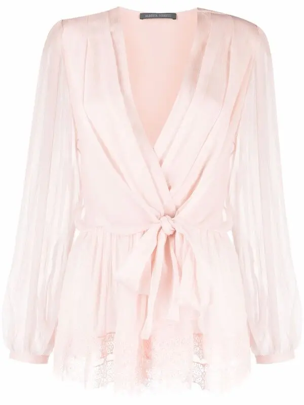 Alberta Ferretti Silk Wrap Blouse With Lace Trim - Pink