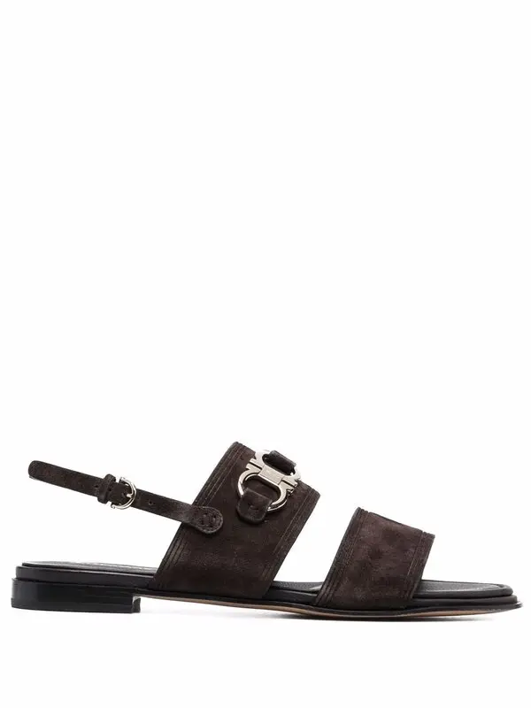 FERRAGAMO Gancini Plaque Suede Sandals - Brown