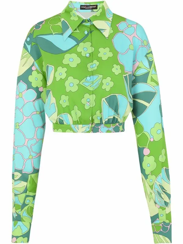 Dolce & Gabbana Floral-print Cropped Silk Shirt - Green