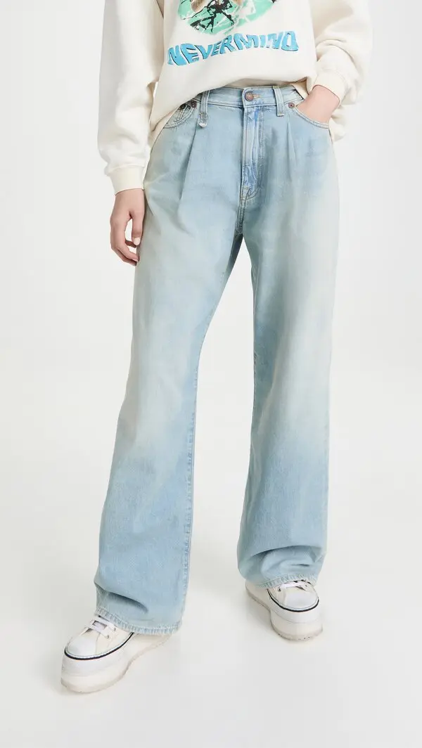 R13 Damon Pleated Wide Leg Jeans - Lennon Blue