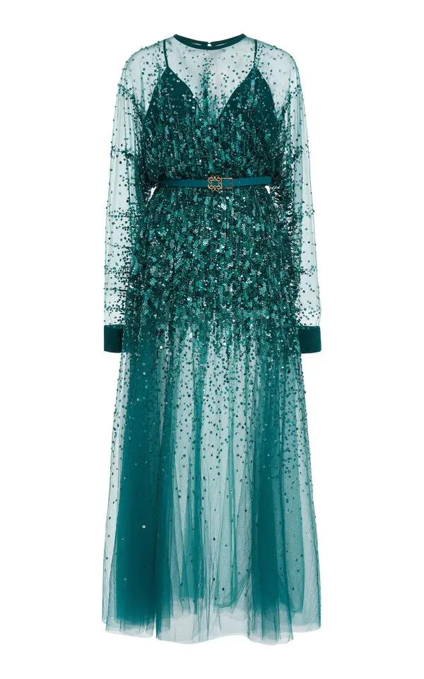 Elie Saab Bead-Embroidered Tulle Midi Dress Only - Blue | Editorialist