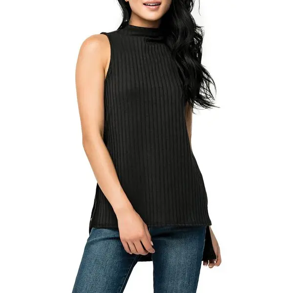 GIBSONLOOK Ribbed High-low Mock Neck Tunic Tank - Black